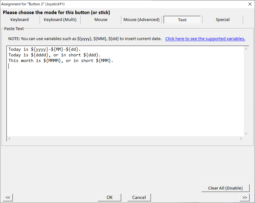 Pasting pre-defined text and variables | JoyToKey